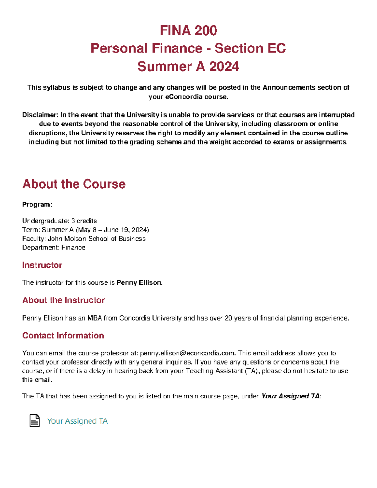 FINA 200 - Personal Finance Course Outline (Summer A 2024) - Studocu