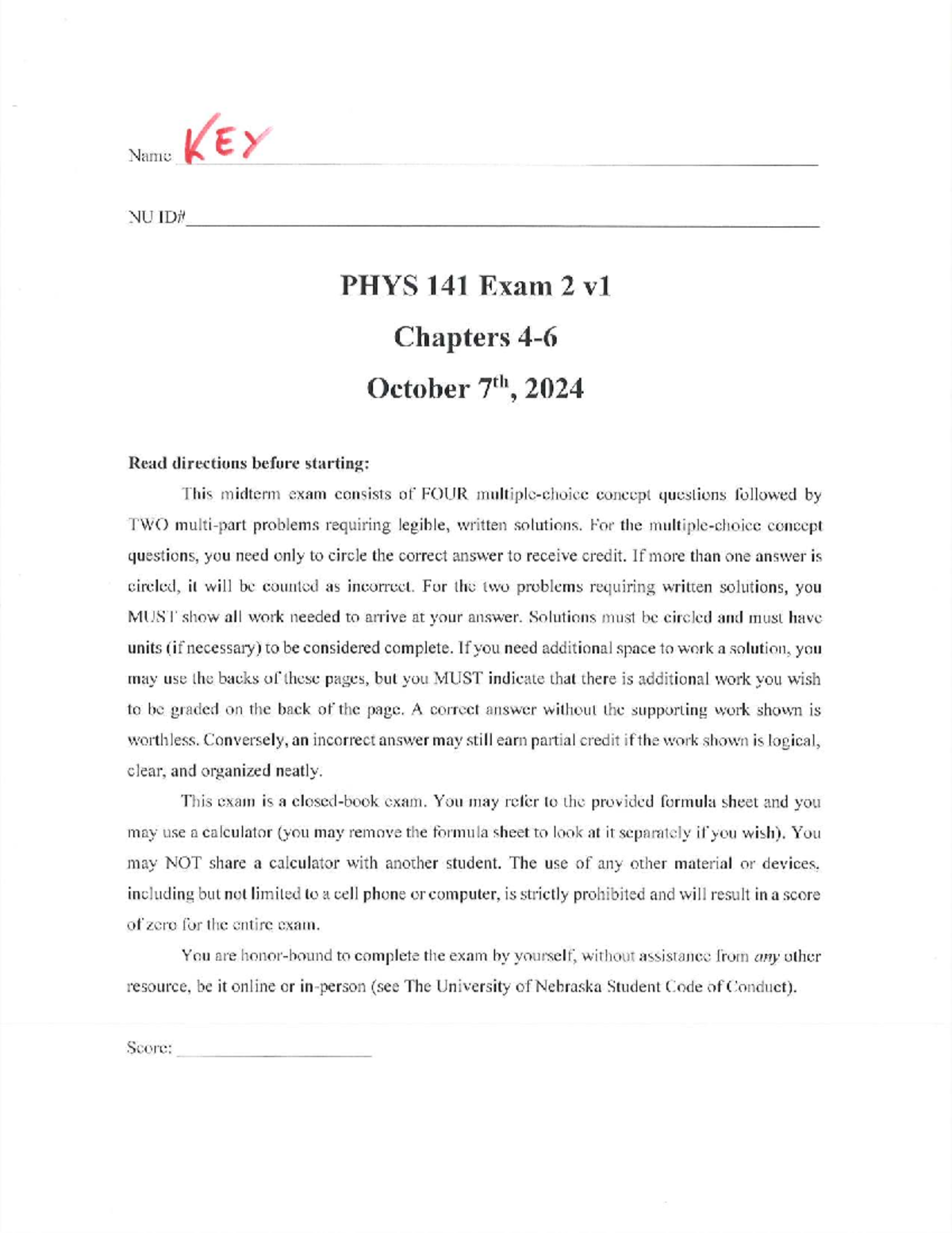PHYS 141 Exam 2 v1 Key - Practice for Midterm Review - Studocu