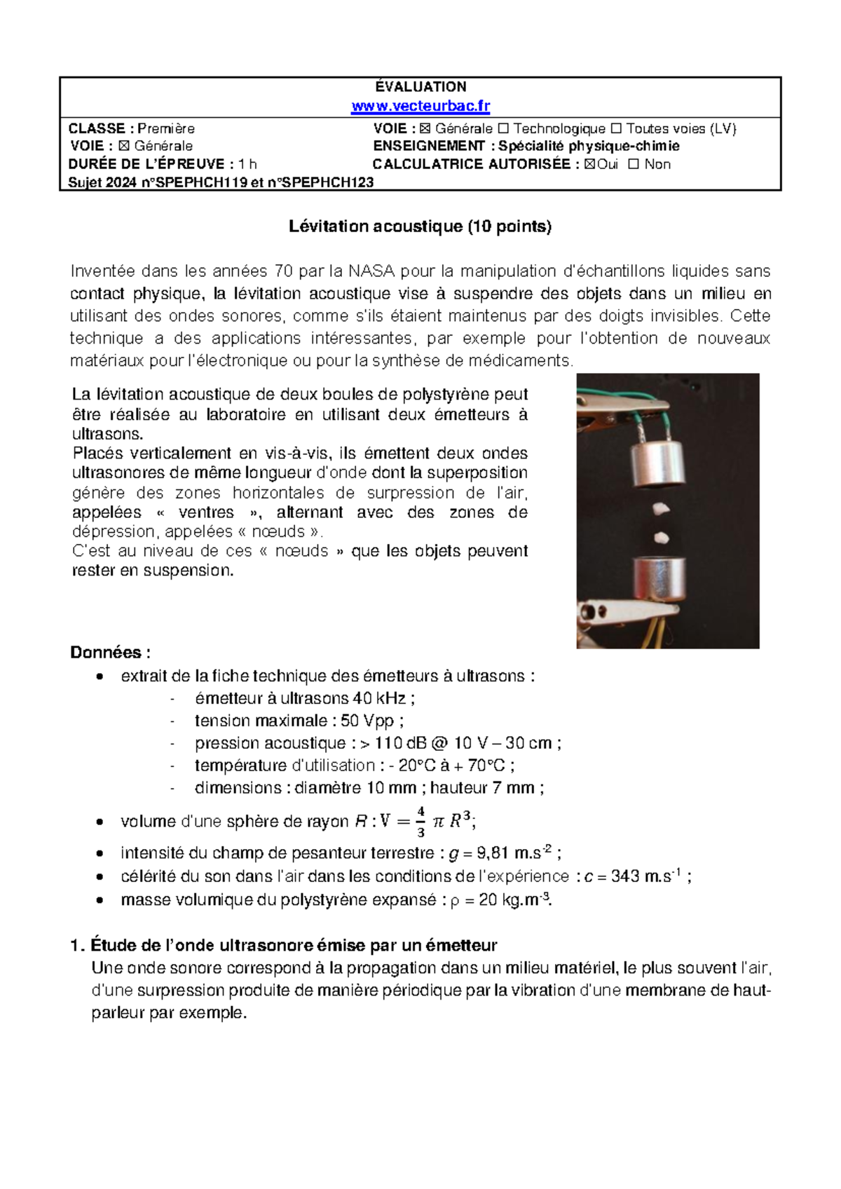Évaluation Classe : Générale Technologique - Lévitation Acoustique 2024 ...