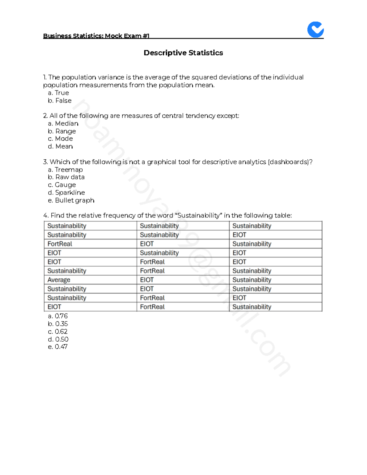 Business Statistics: Mock Exam - Chapter 2 Review on Descriptive Stats ...
