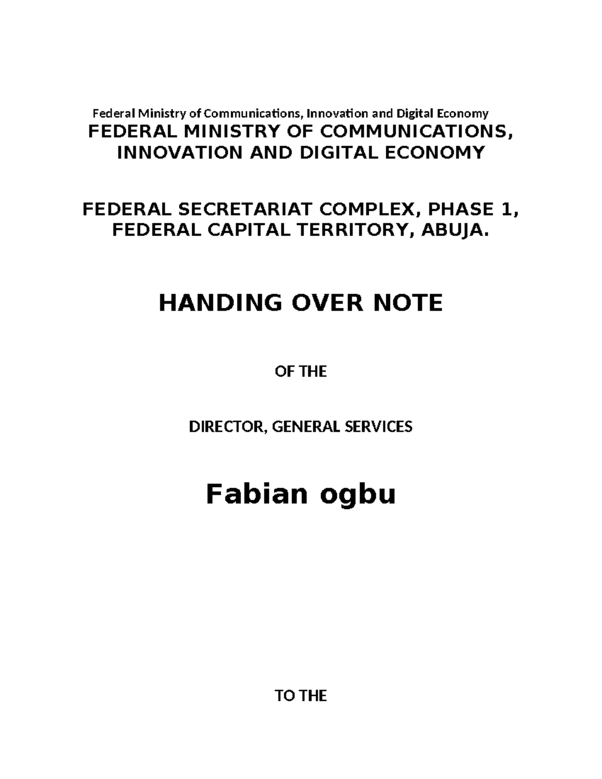 Handing Over Note: General Services Dept. - FMCIDE 1730304208 - Studocu