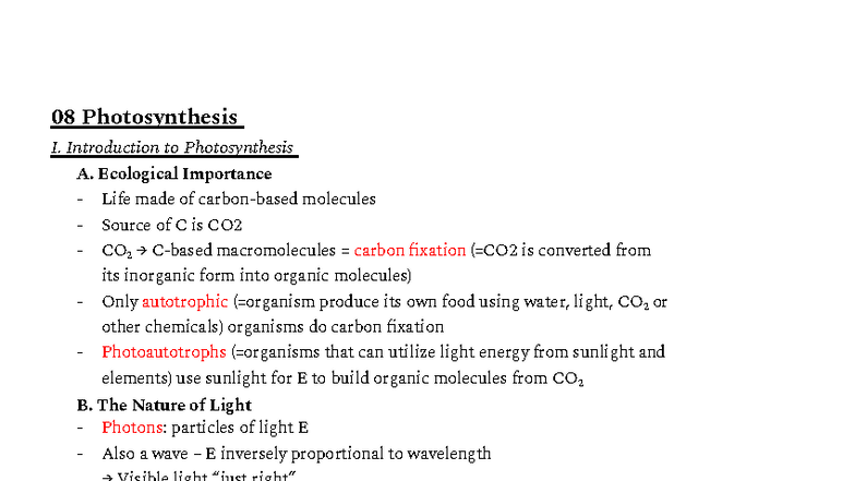 Lecture 8: Photosynthesis Overview and Key Processes - Studocu