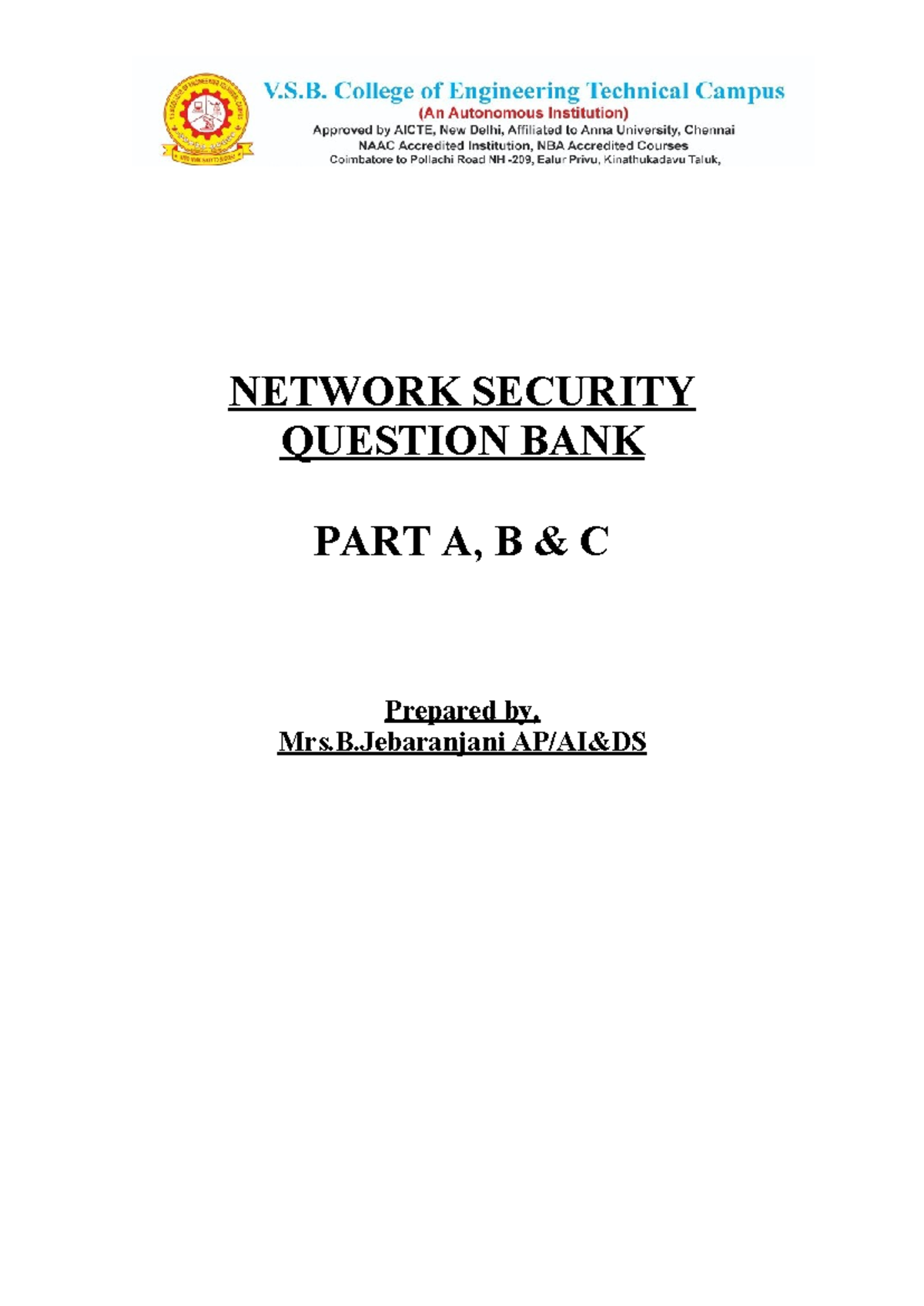 NETWORK SECURITY QUESTION BANK PART A & B - MRS. B. JEBARANJANI - Studocu