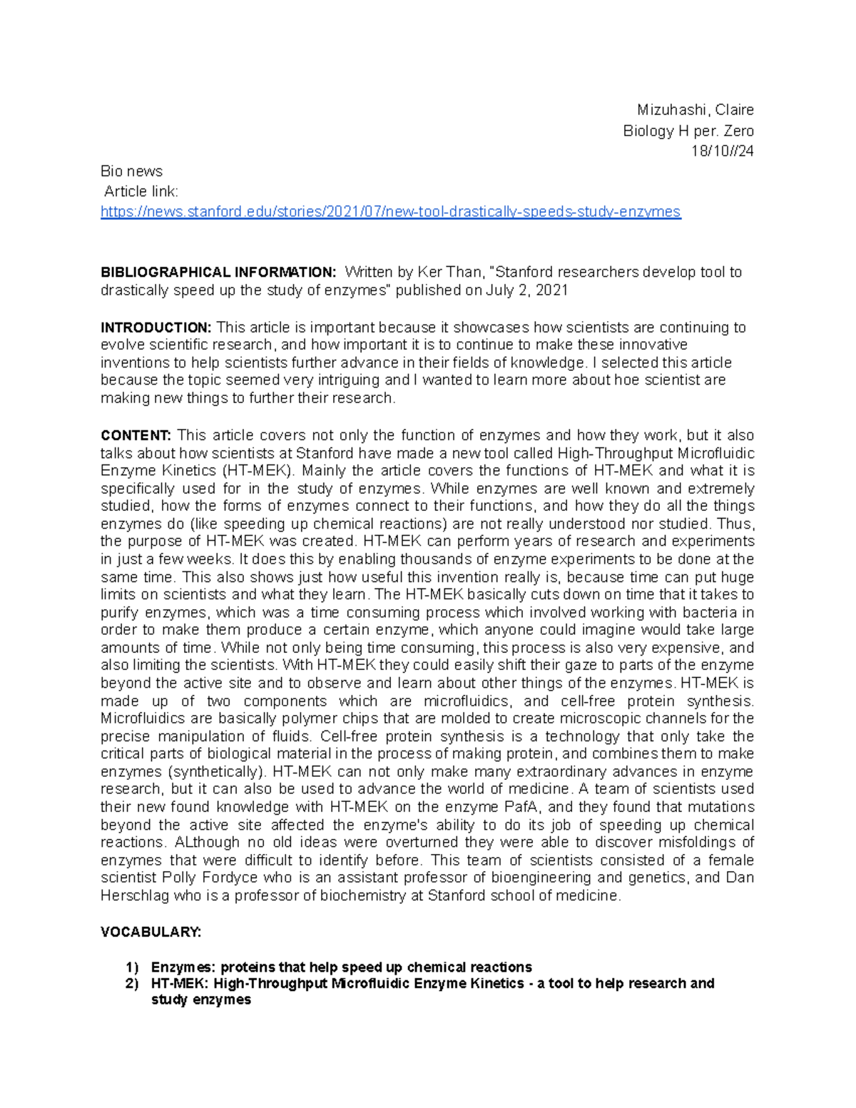 Biology H Lesson - Bio News Article on HT-MEK Innovation - Studocu