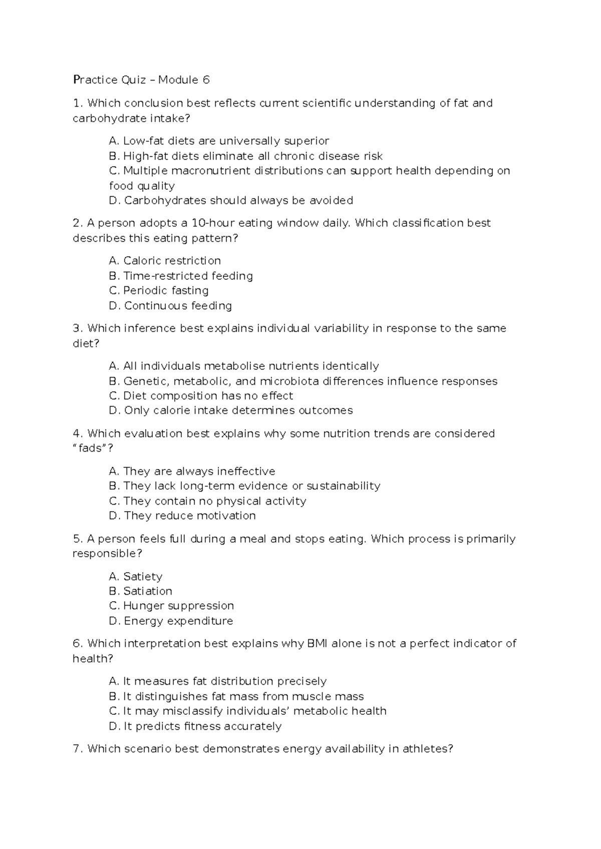 Practice Quiz - Module 6: Nutrition Insights and Concepts - Studocu