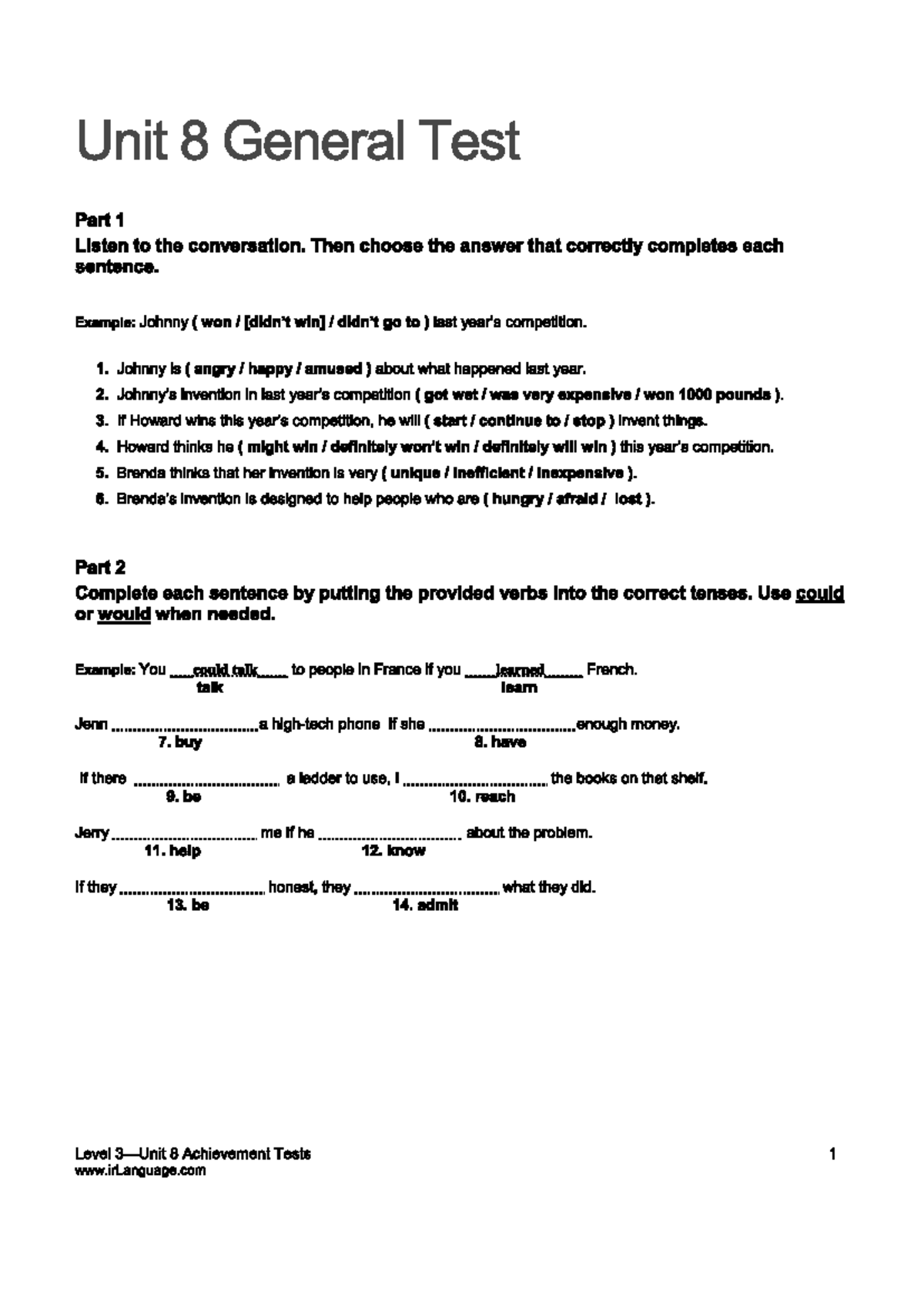 E-learning 7: Unit 8 General Test and Achievement Tasks - Studocu