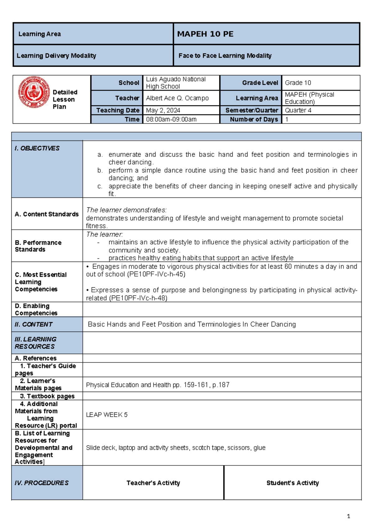 LP Finaldemo Diroy-2 - Learning Area MAPEH 10 PE Learning Delivery Modality Face to Face ...