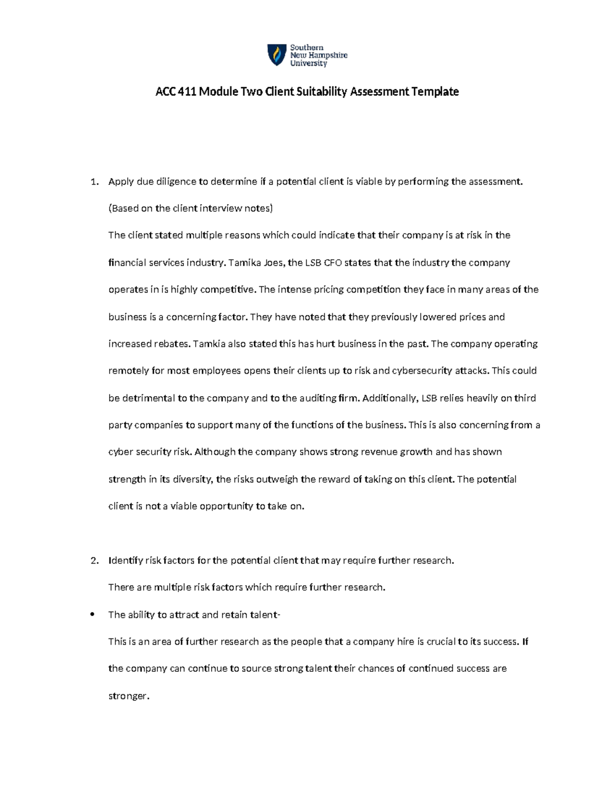 ACC 411 Client Suitability Assessment: Risk Evaluation Template - Studocu