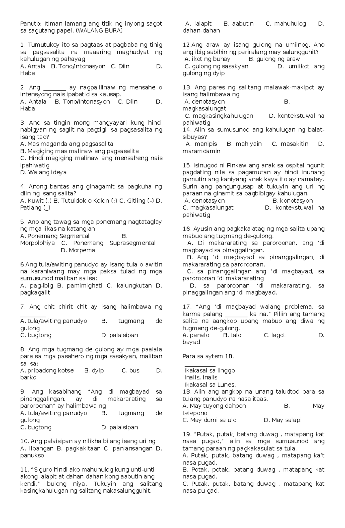 3rd Q Unang Pagsusulit - assignments para sa filipino - Panuto: Itiman ...