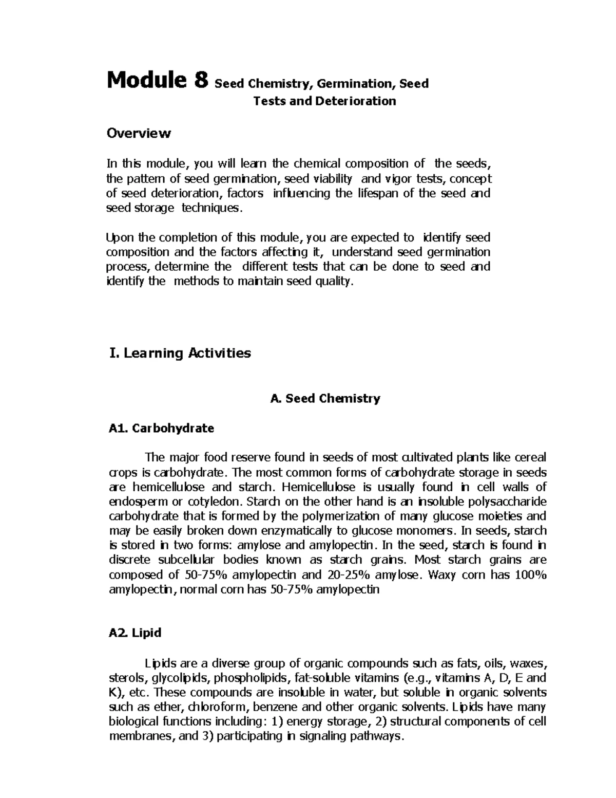 Module 8. Seed Chemistry, Germination and Deterioration - Module 8 Seed Chemistry, Germination ...