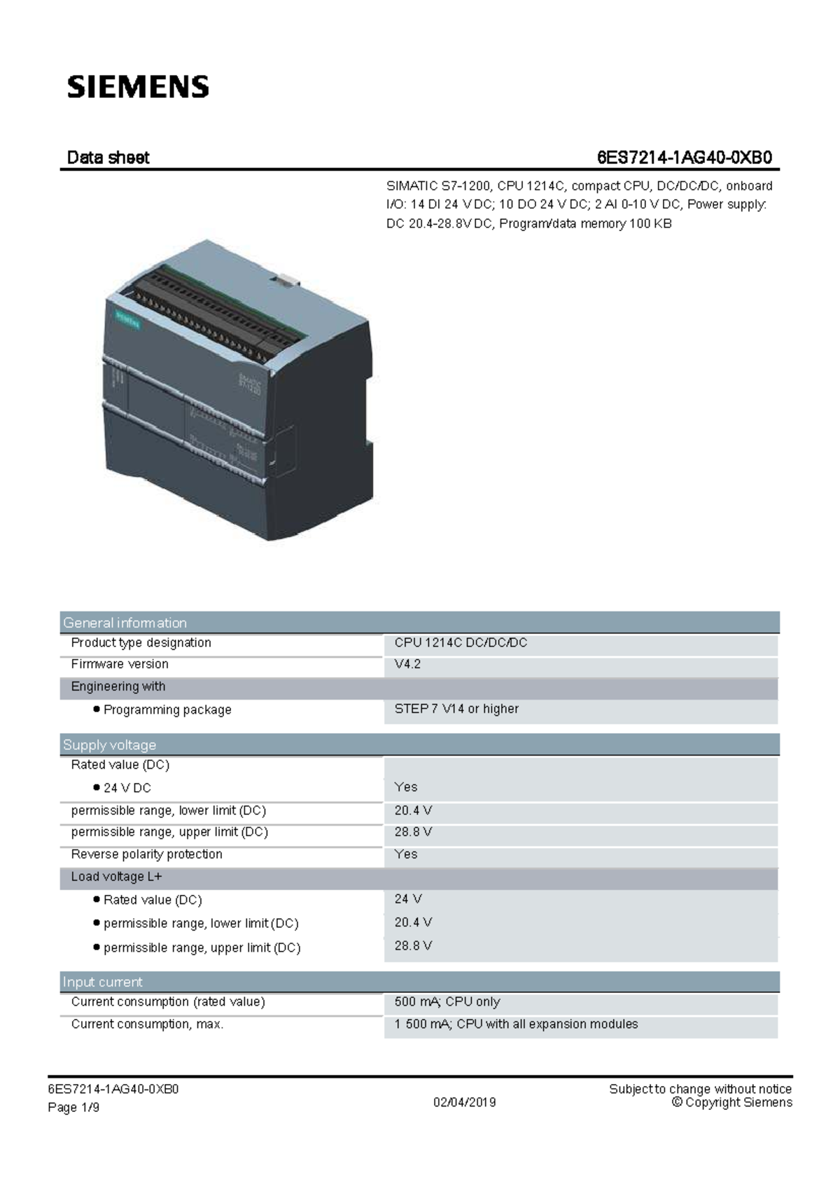 Datasheet for SIMATIC CPU 1214C (6ES7 214-1AG40-0XB0) - Studocu