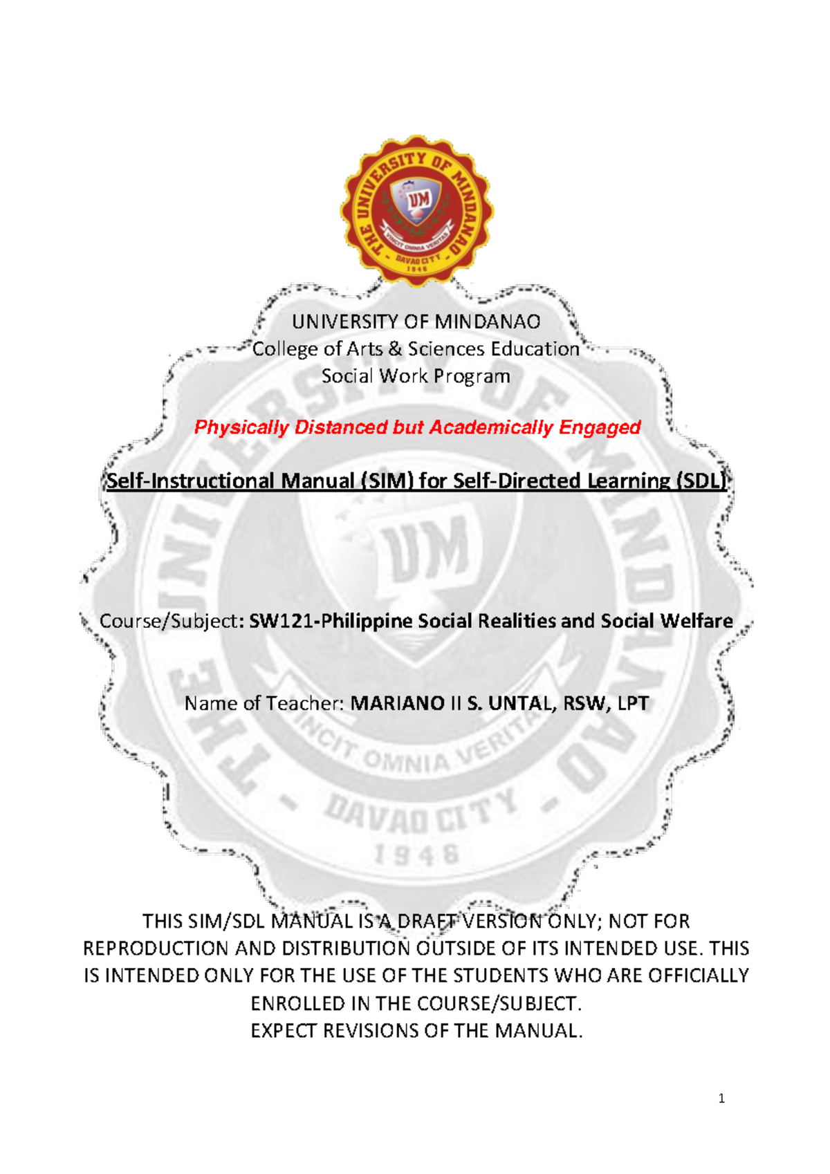 Sw 121 Sim Self Instructional Manual For Philippine Social Realities