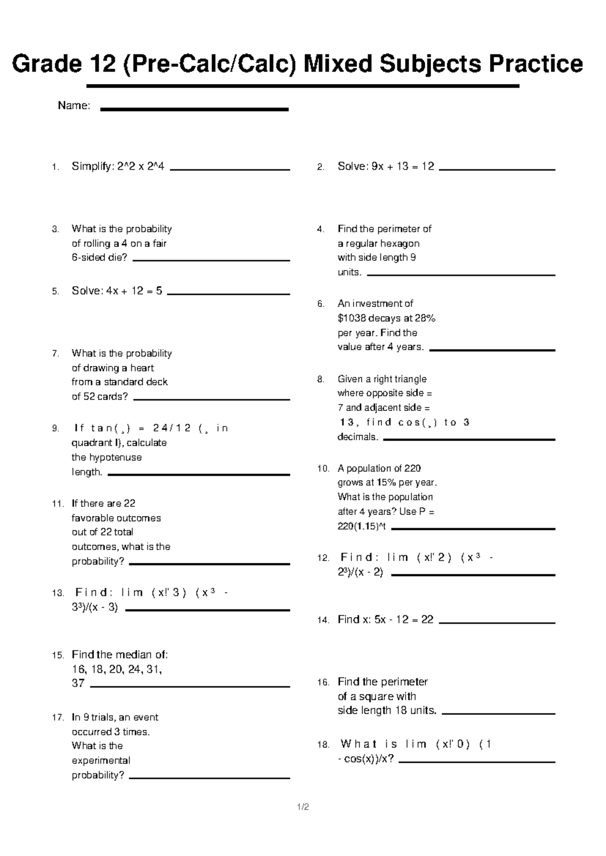 Grade 12 (Calc) Mixed Subjects Practice Problems - Studocu