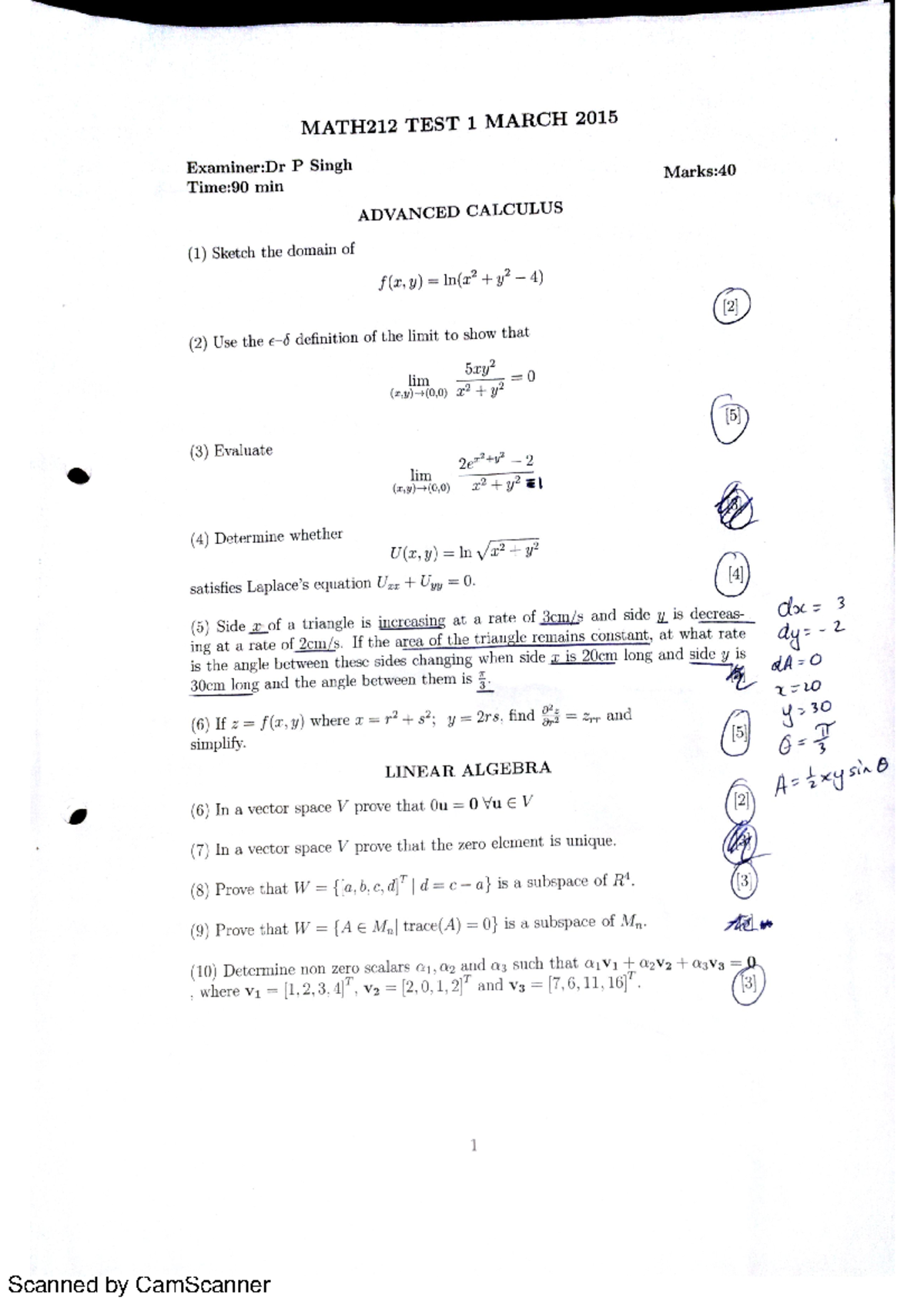 Math 212 Advanced Calculus and Linear Algebra Tests 2015 - Studocu