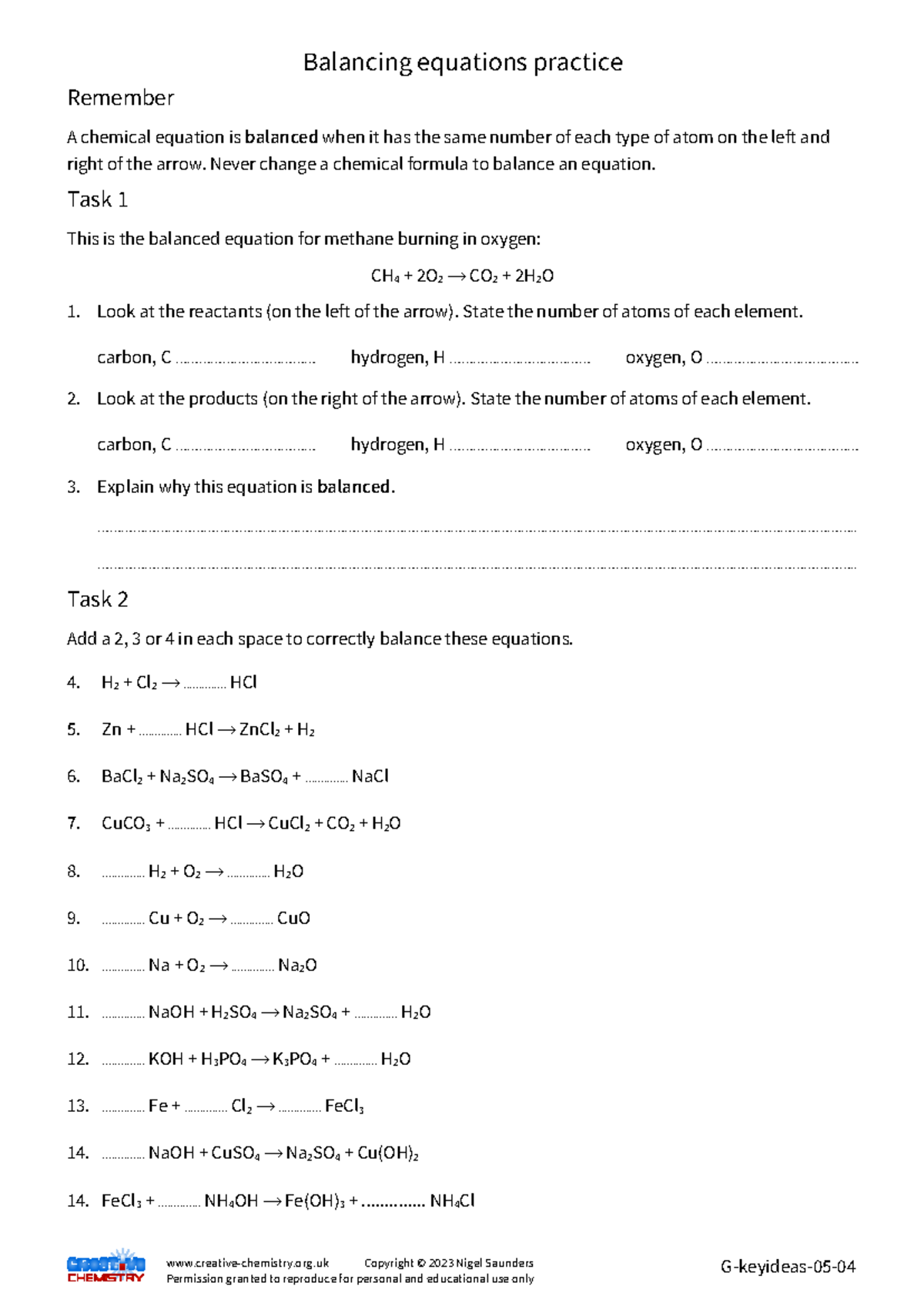 Balancing Chemical Equations Practice Worksheet G keyideas 05 04 - Studocu