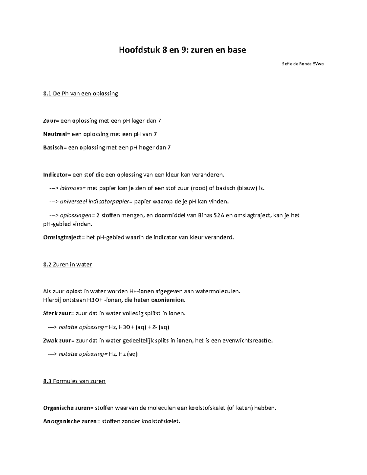 Hoofdstuk 8 en 9: Zuur-Base Concepten en pH-Berekeningen (Scheikunde ...