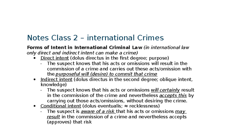 Notes Class 2 - Forms of Intent in International Criminal Law - Studeersnel