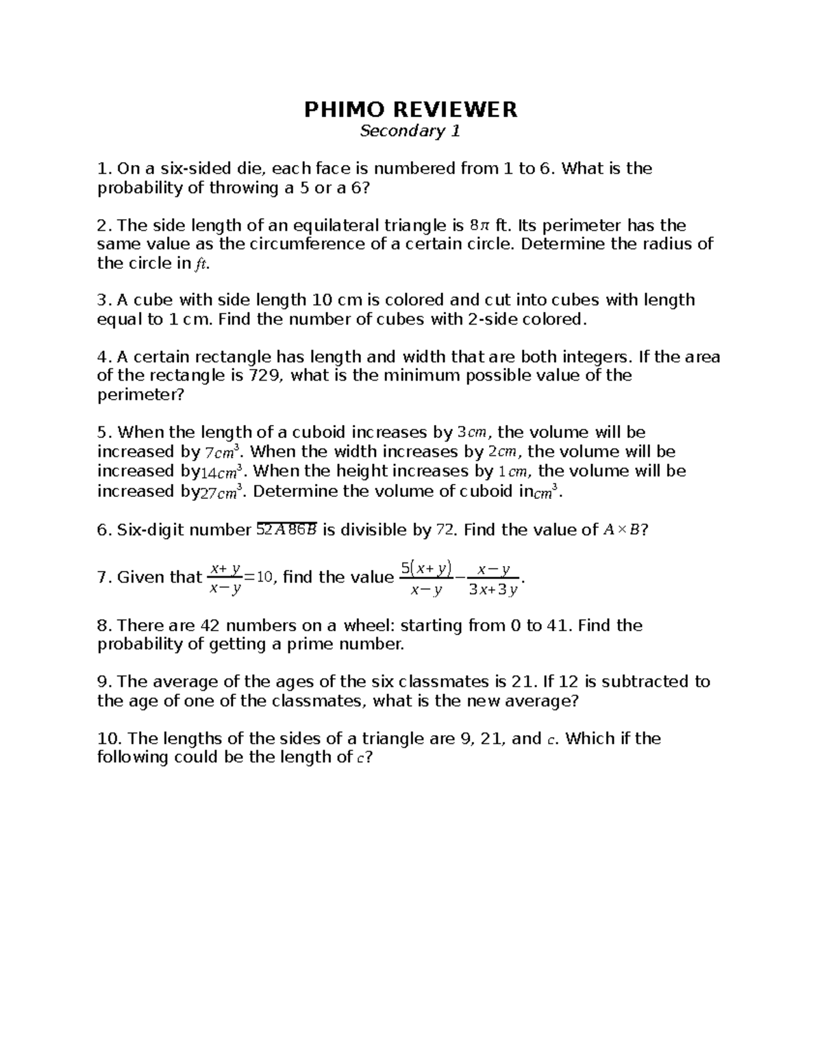 PHIMO Reviewer Session 3: Probability and Geometry Problems - Studocu
