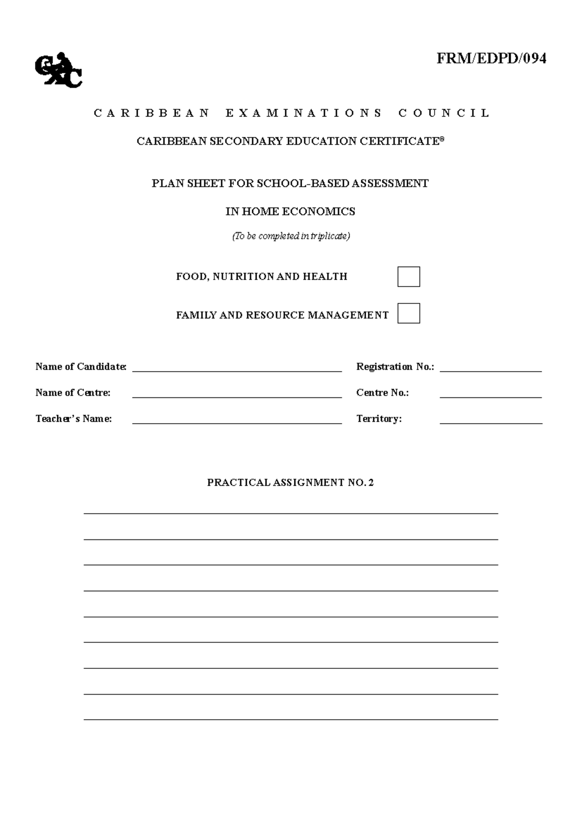FRM/EDPD Caribbean Home Economics Assessment Plan Sheet - Studocu