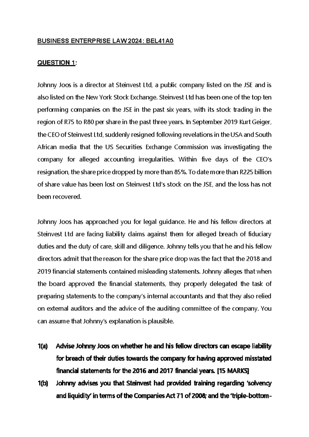 Business Enterprise Law 2024: BEL41A0 Exam Preparation Notes and Case ...