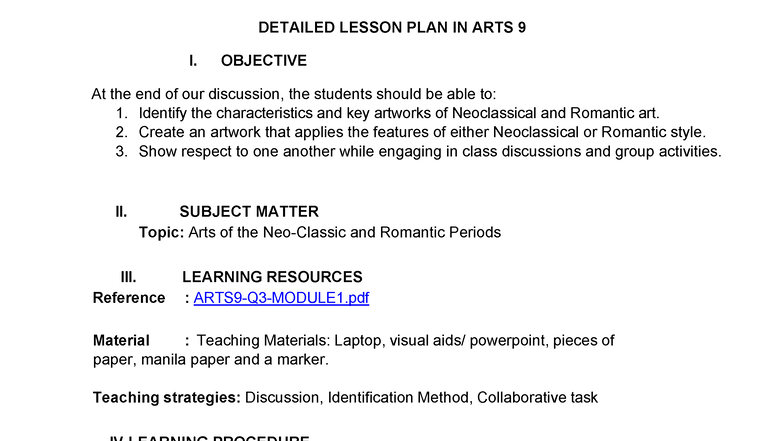 Final Detailed Lesson Plan in Arts 9: Neoclassicism & Romanticism - Studocu