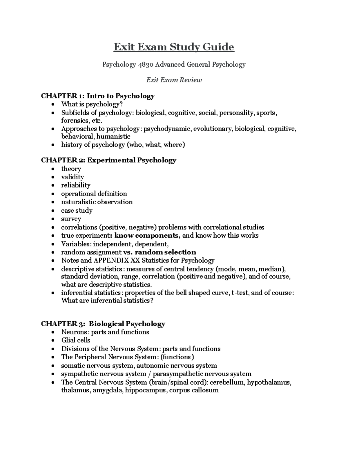 PSYC 4830 Exit Exam Study Guide - Exit Exam Study Guide Psychology 4830 ...