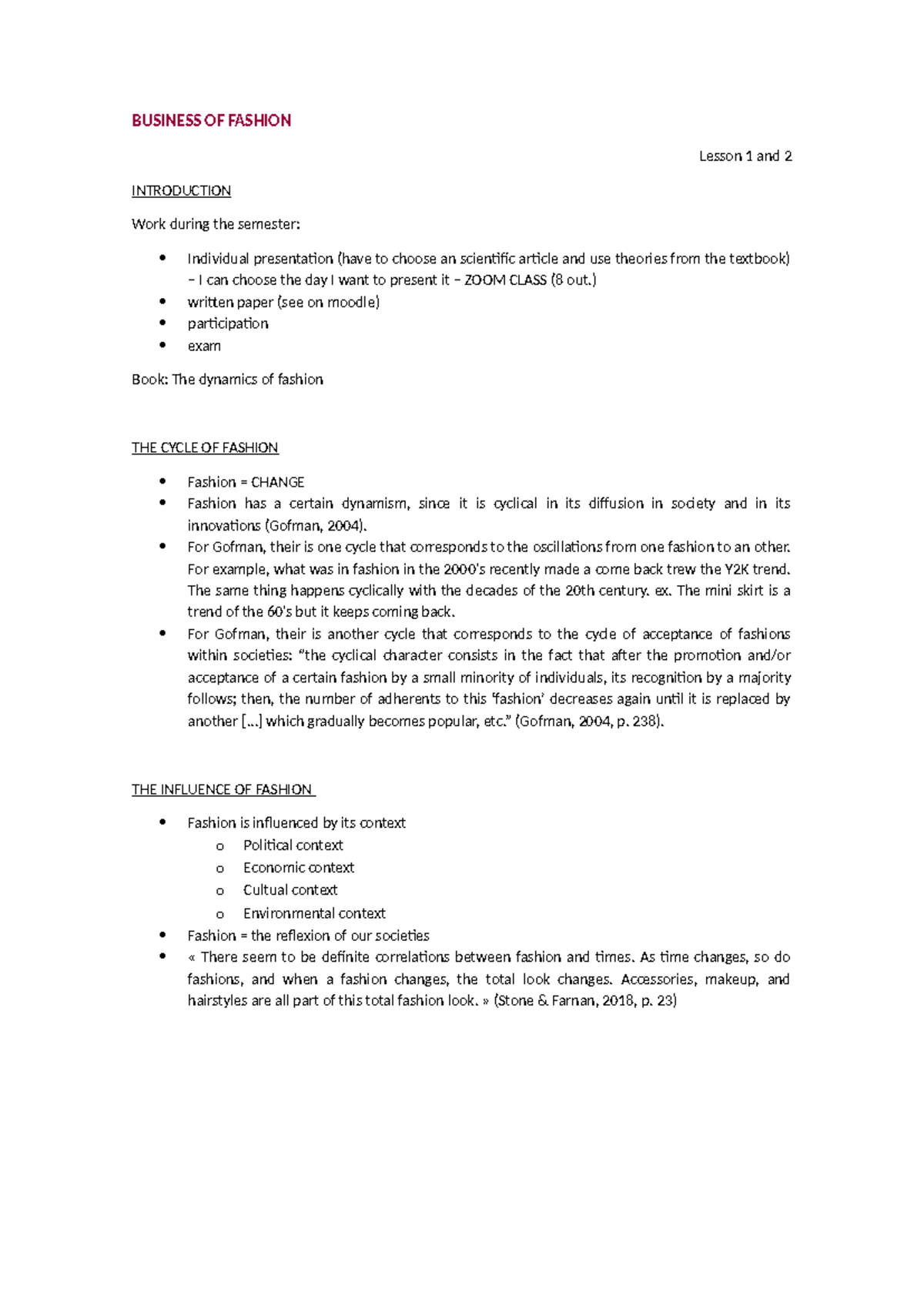BUSINESS OF FASHION Lessons 1 & 2: Introduction to Fashion Dynamics ...