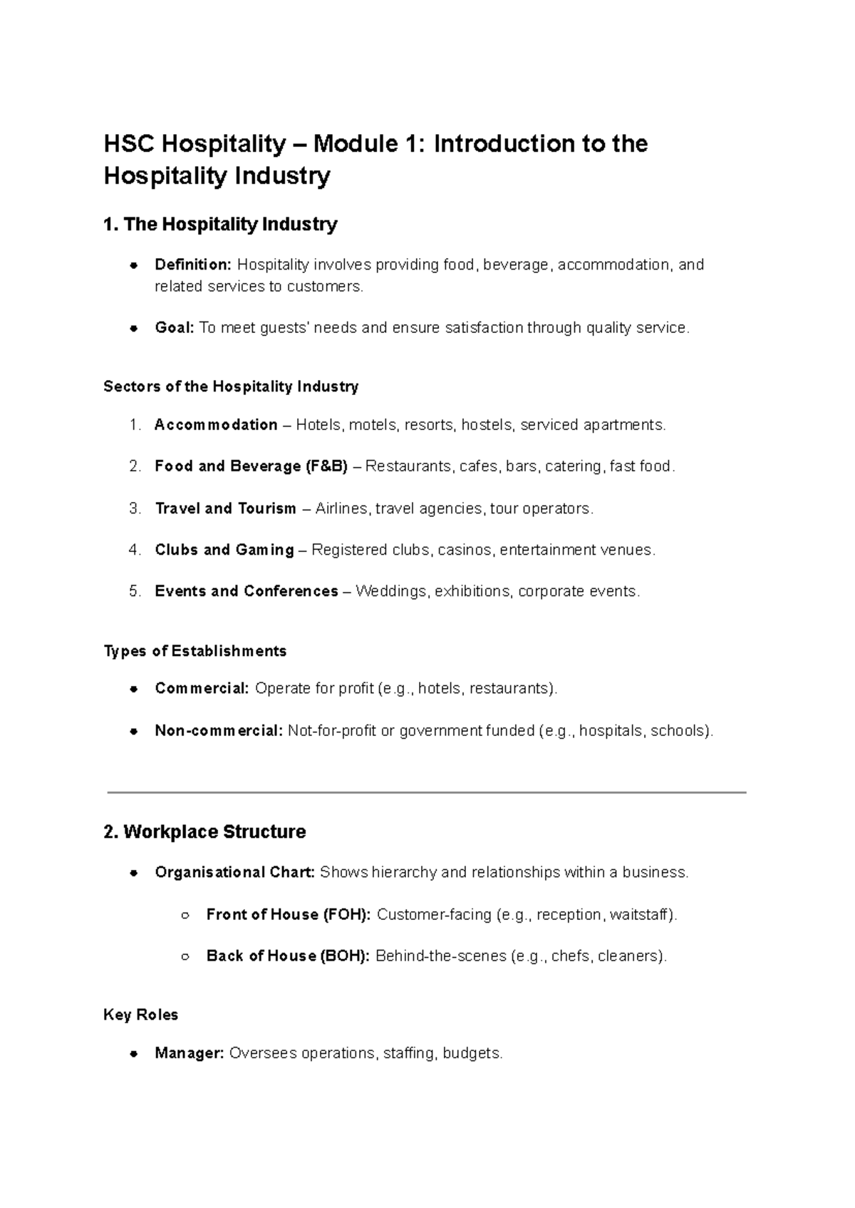HSC Hospitality Module 1: Intro to the Hospitality Industry Notes - Studocu