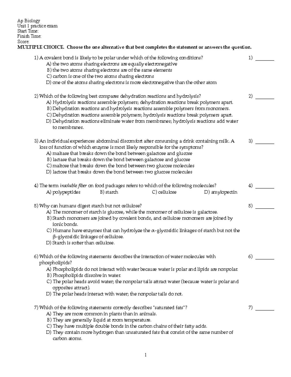 AP Biology Unit 1 Practice Exam Questions and Answers - Studocu
