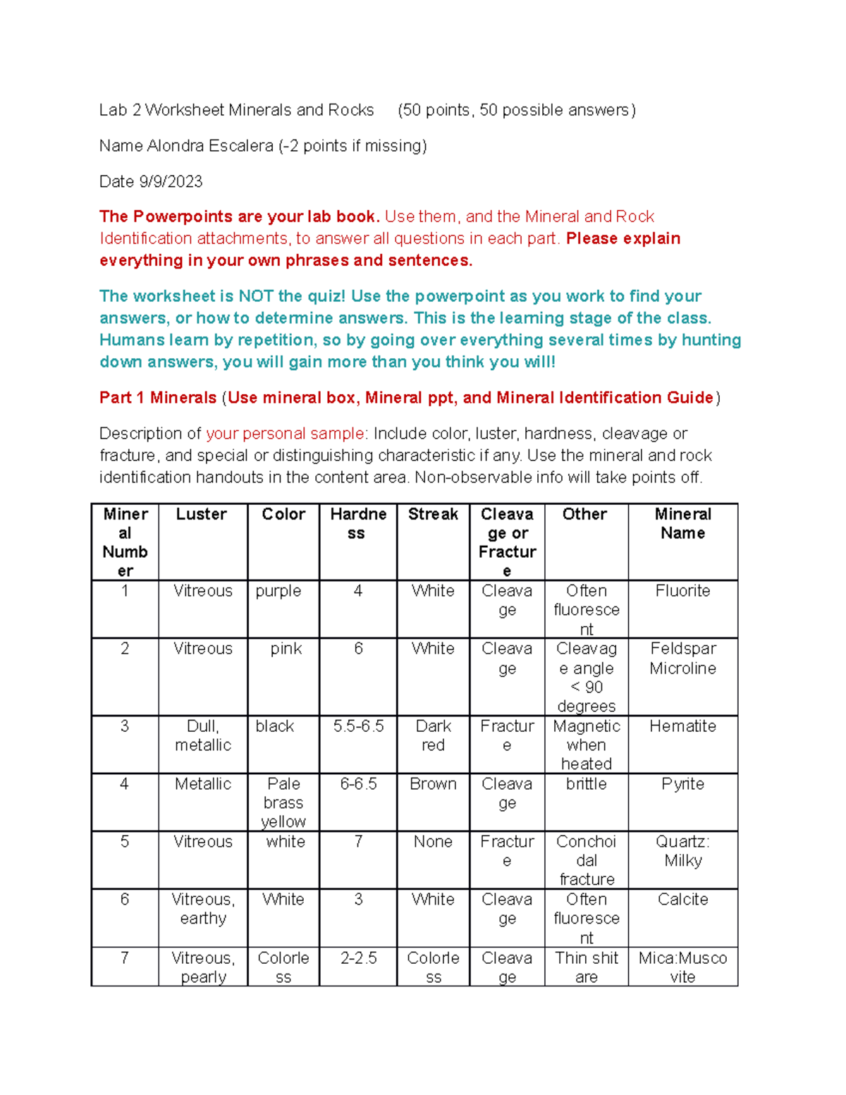 Lab 2 Worksheet: Minerals and Rocks (Fall 2023) Analysis and Exercises ...