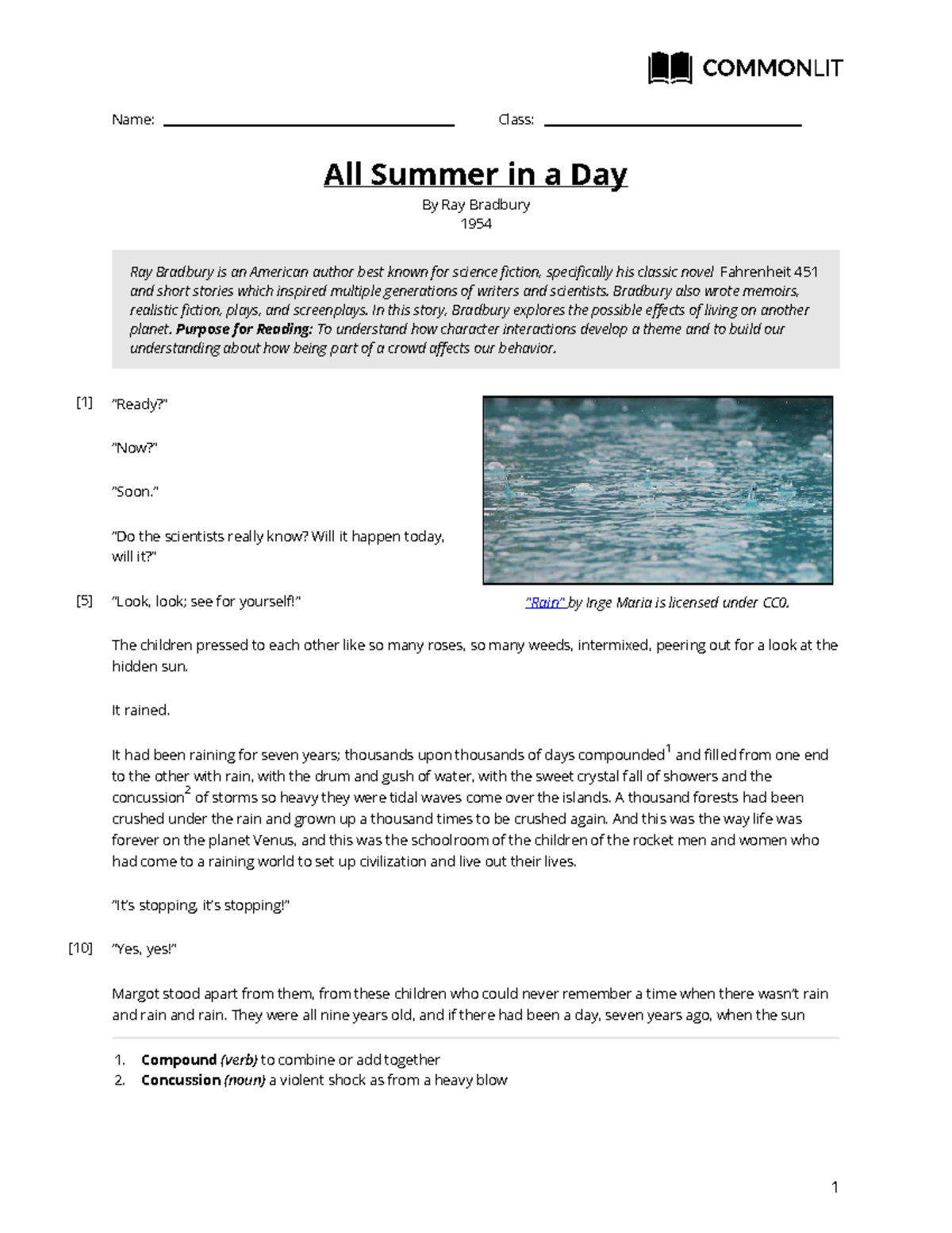 Annotated-All Summer in a Day-teacher-12 2 - Name: Class: "Rain" by ...