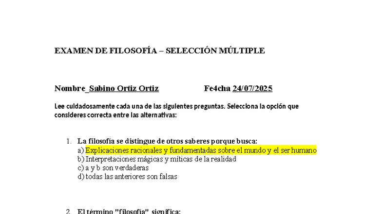 Examen de Filosofía 2: Selección Múltiple Sin Respuestas - Studocu