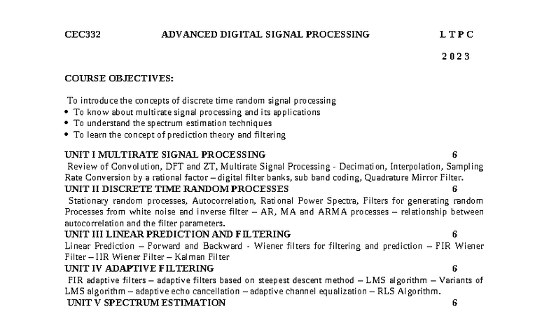 CEC332 Advanced Digital Signal Processing Course Overview and ...
