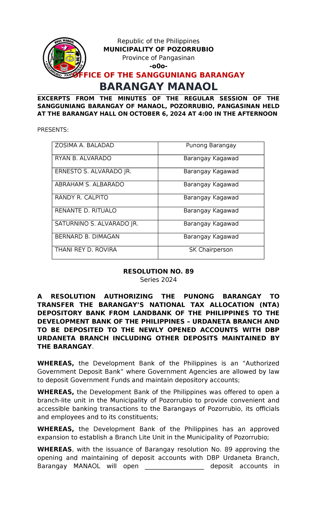 **Barangay Manaol Resolution on Transfer of NTA Depository Bank to DBP ...