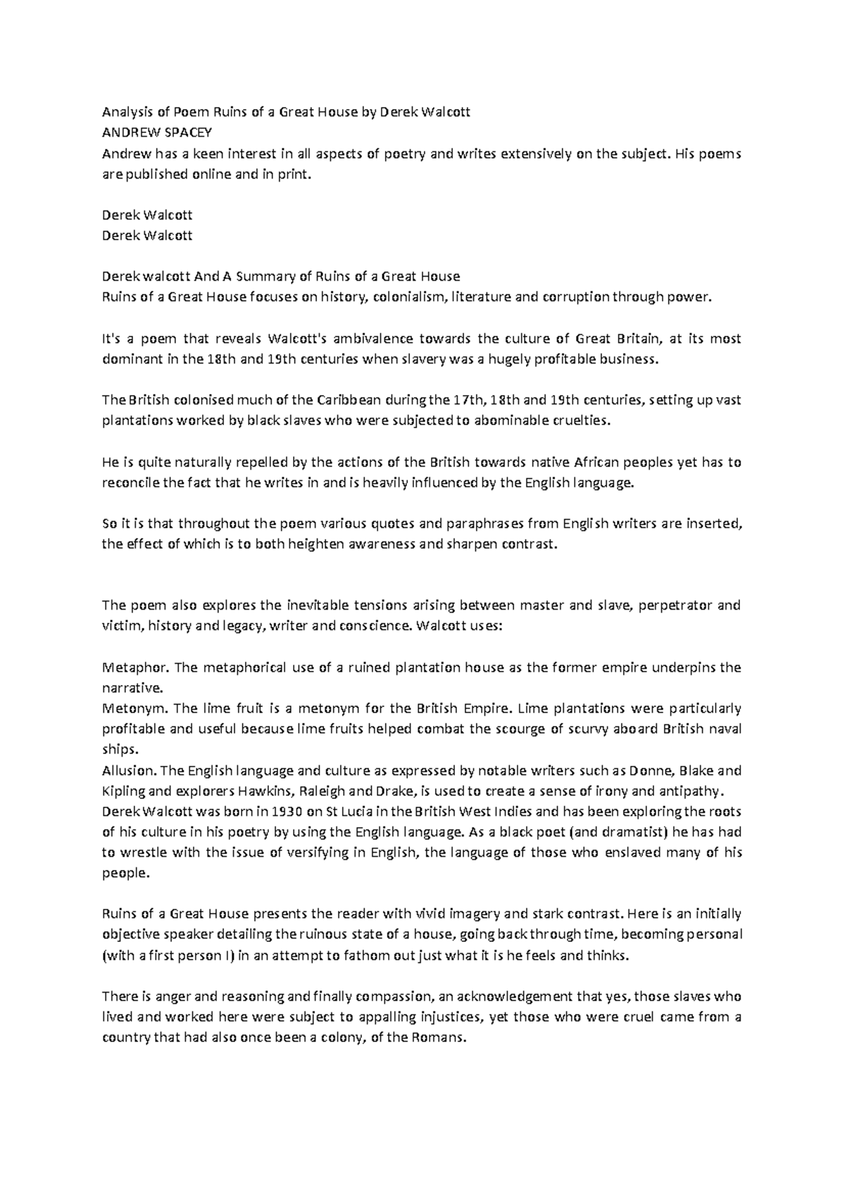 Analysis of Derek Walcott's Poem "Ruins of a Great House" - Studocu