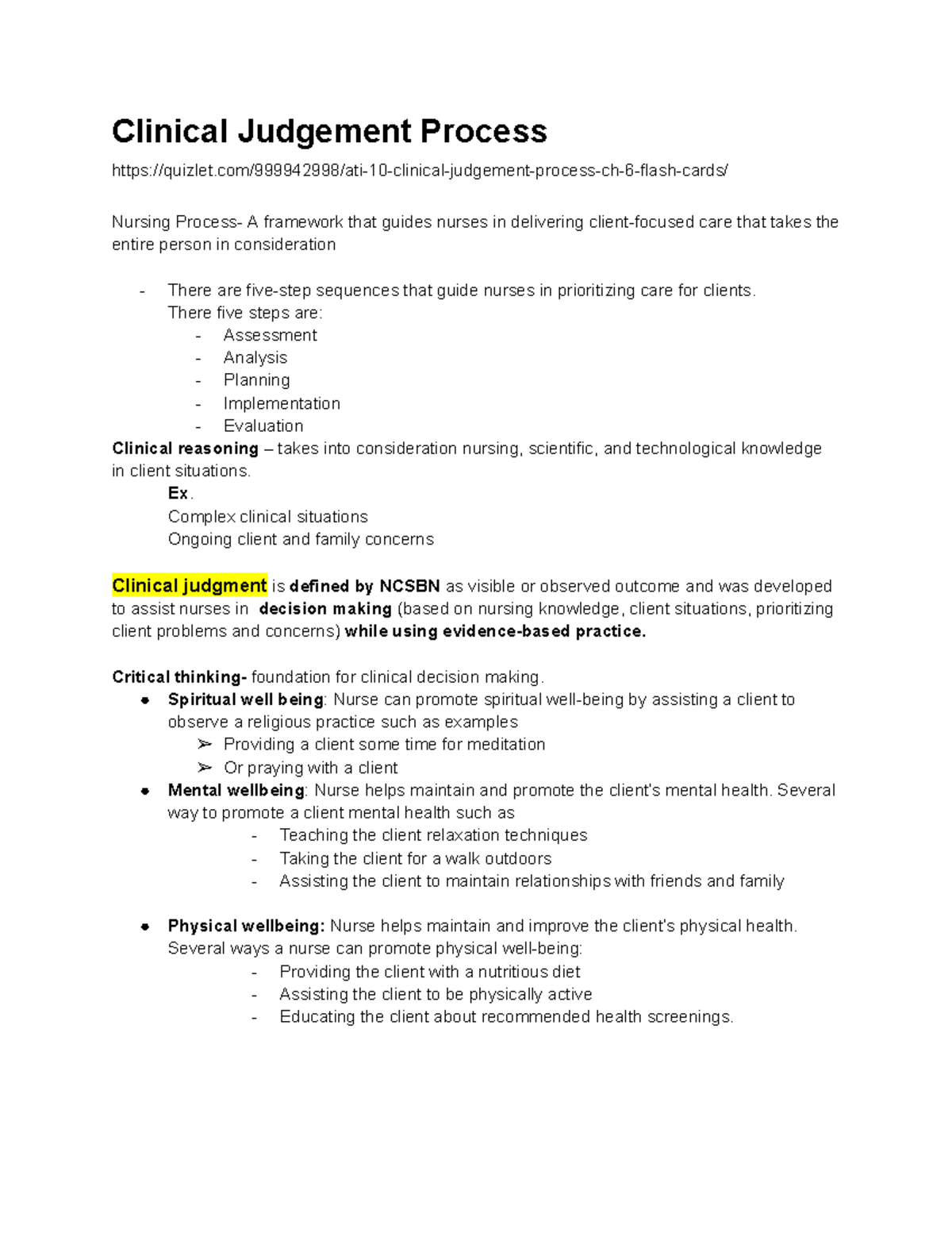 ATI Foundations - Lecture: Clinical Judgement Process in Nursing - Studocu