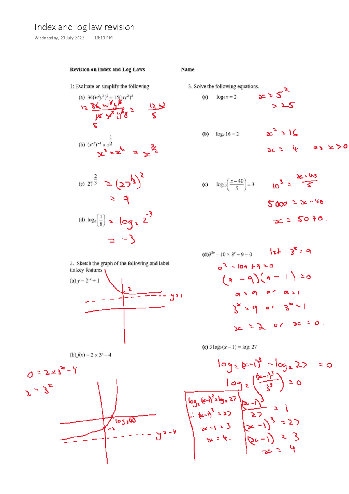 Index and Log Laws Revision 1 Solutions - Studocu