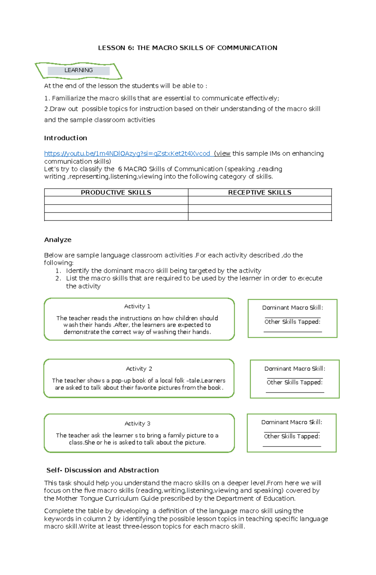 Lesson 6- The Macro Skills of COmmunications - Copy - LESSON 6: THE ...