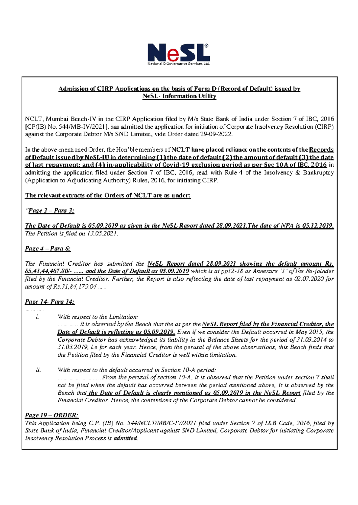 Case Summary: SBI vs. SND Limited - CIRP Application Admission (IBC 2016) - Studocu