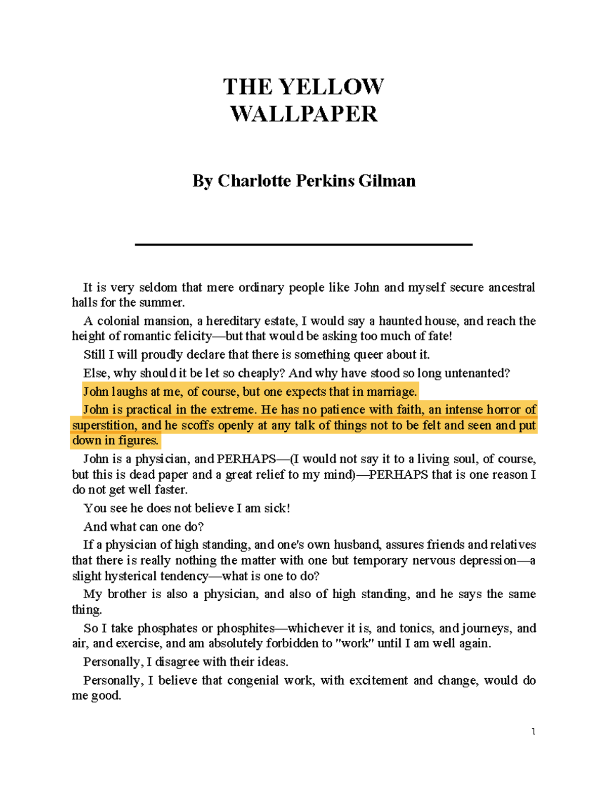 HSC - The Yellow Wallpaper Analysis: Insights on Mental Health - Studocu