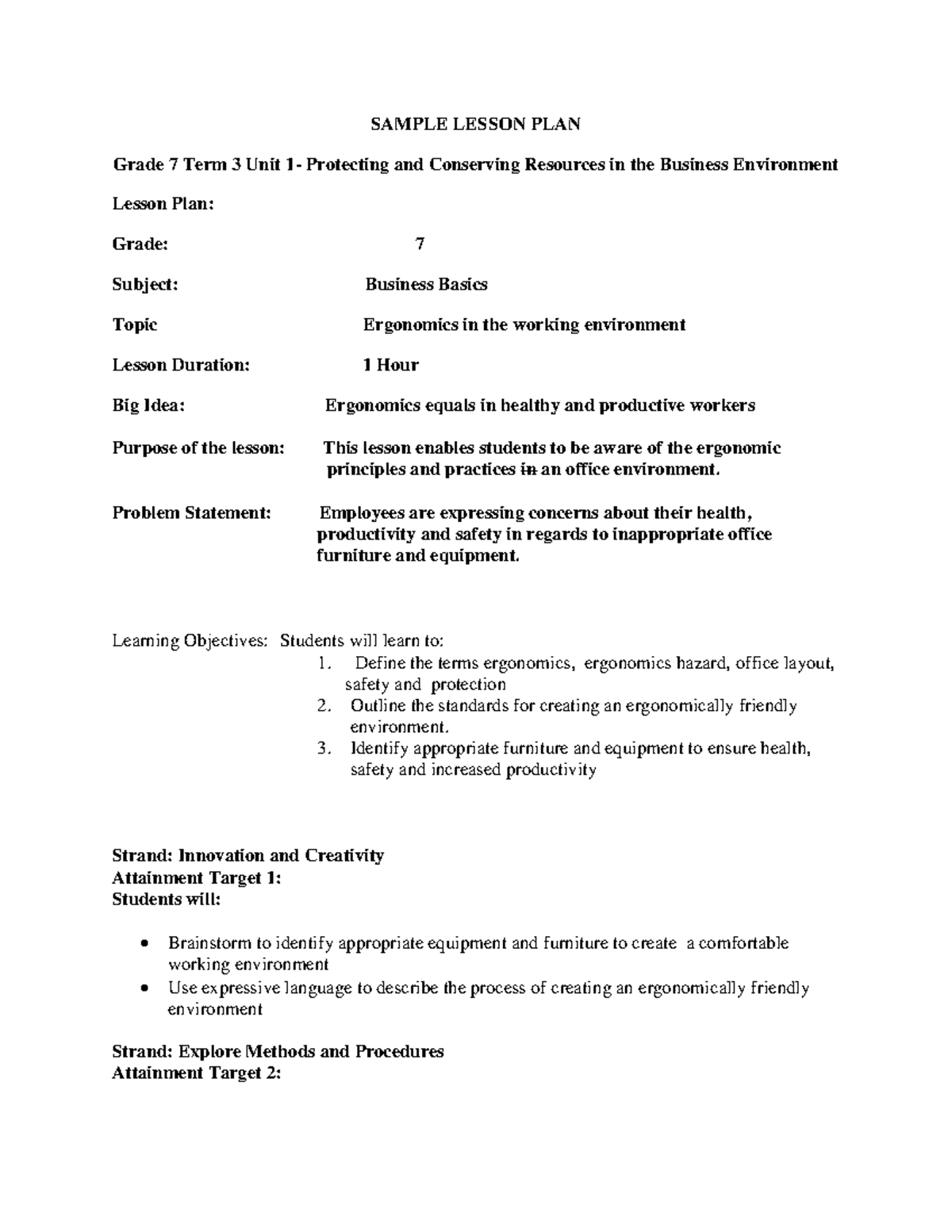 STEM Ergonomics Lesson Plan for Grade 7 - April 2020 - Studocu