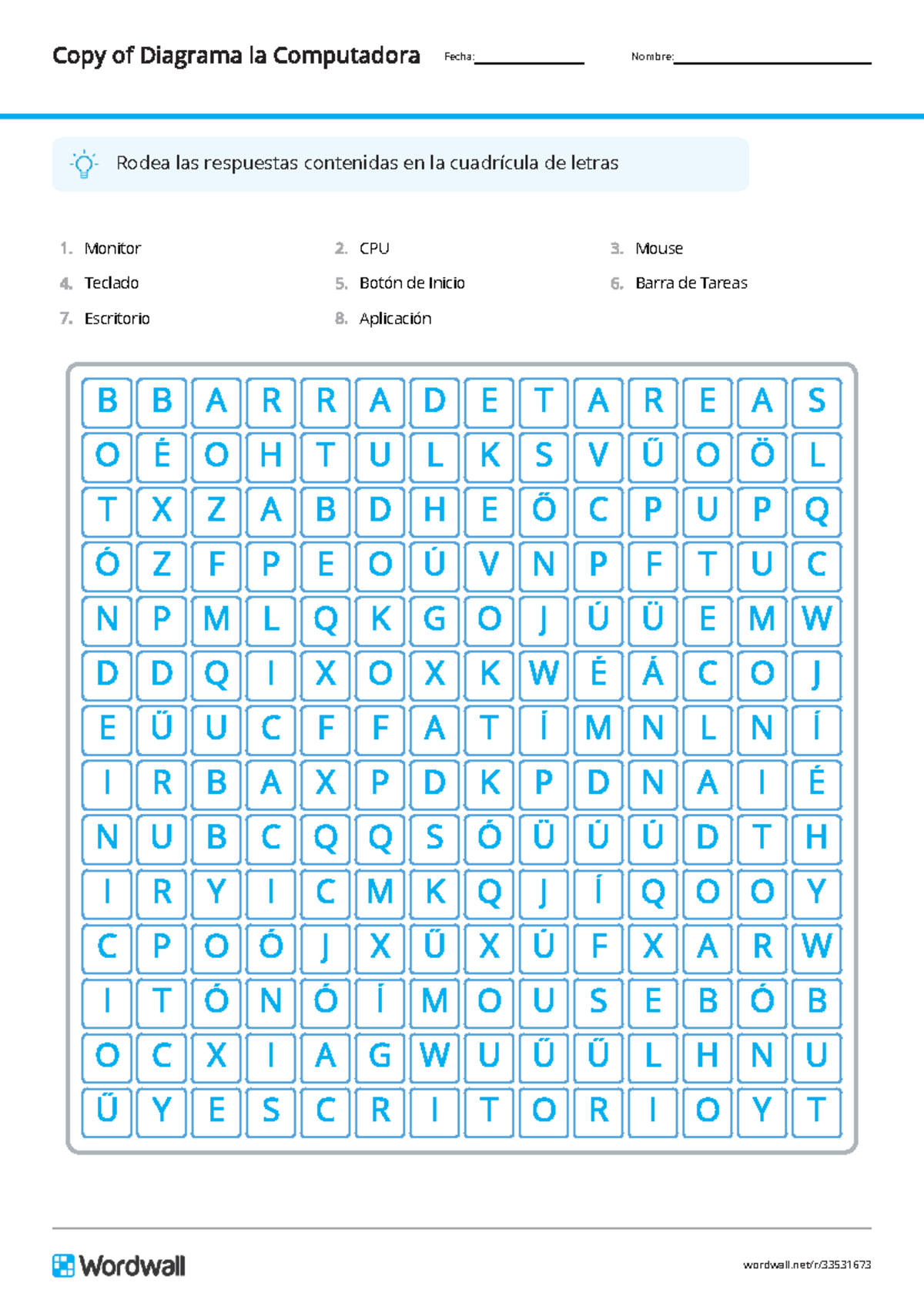 Sopa de Letras partes de la computadora - Monitor 2. CPU 3. Mouse ...