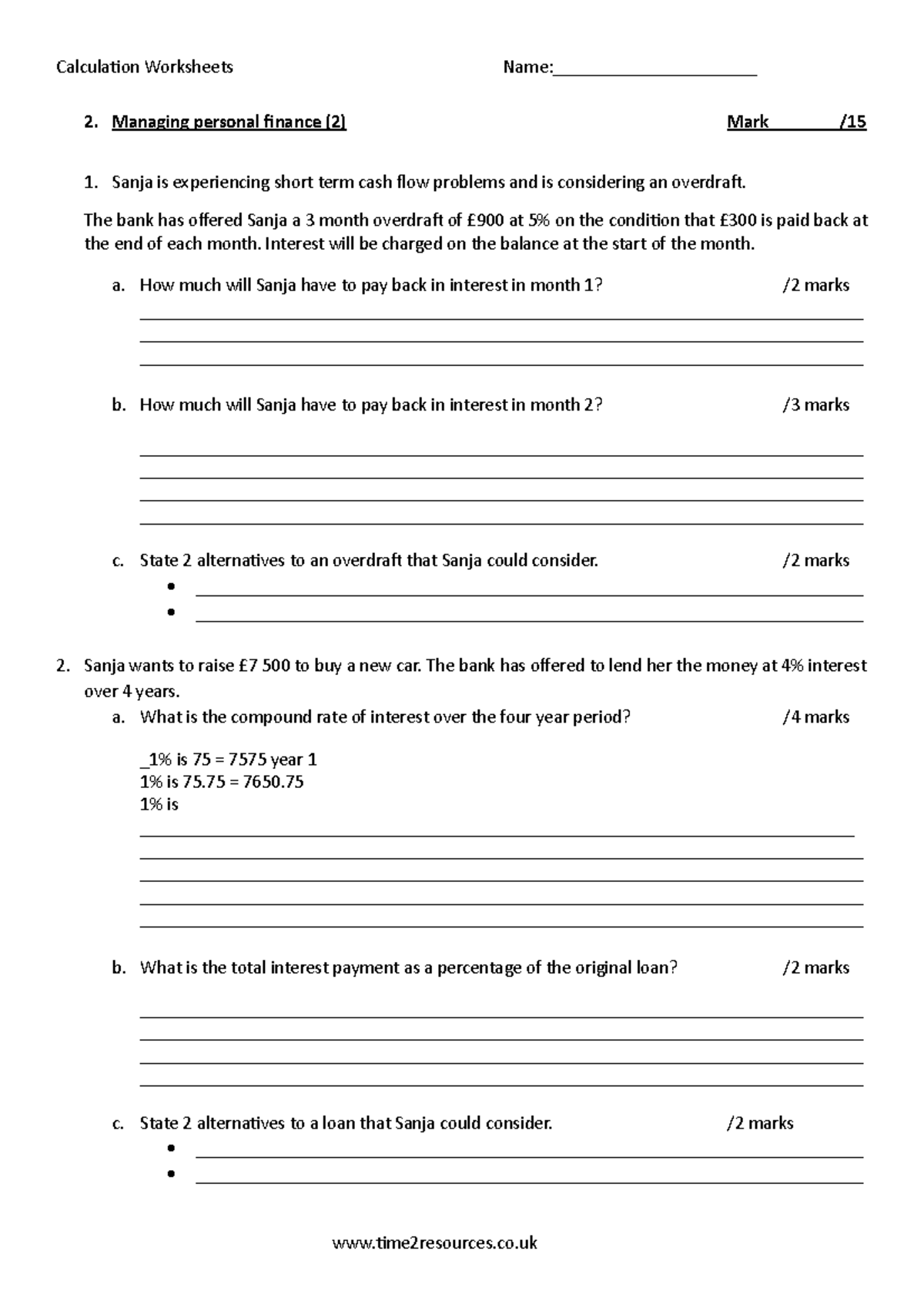 Managing Personal Finance (2) Calculation Worksheet - Studocu