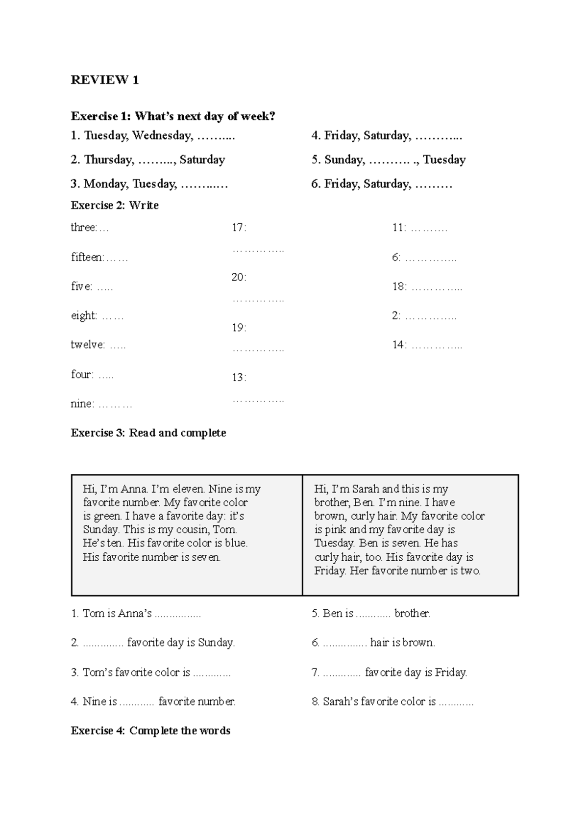 REVIEW 1 - Exercises on Days, Numbers, and Descriptions - Studocu