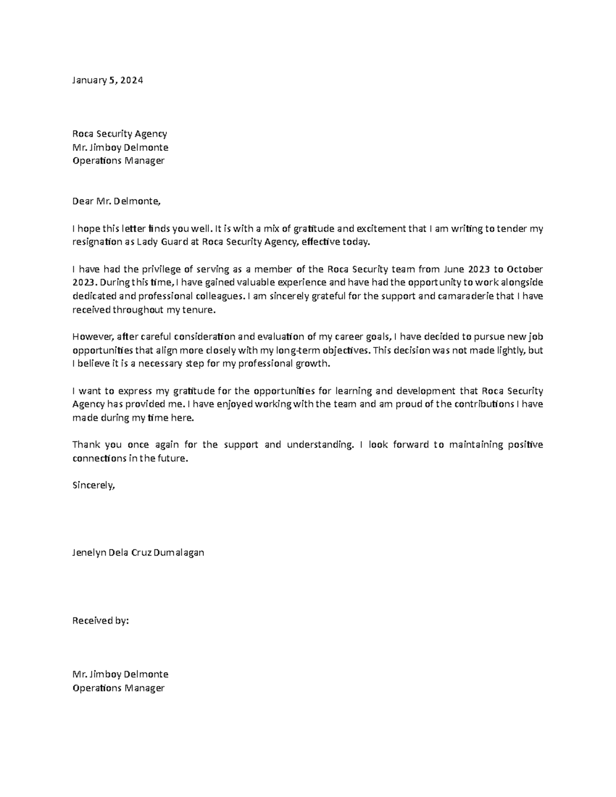 Resignation Letter from Lady Guard - Roca Security Agency - Studocu