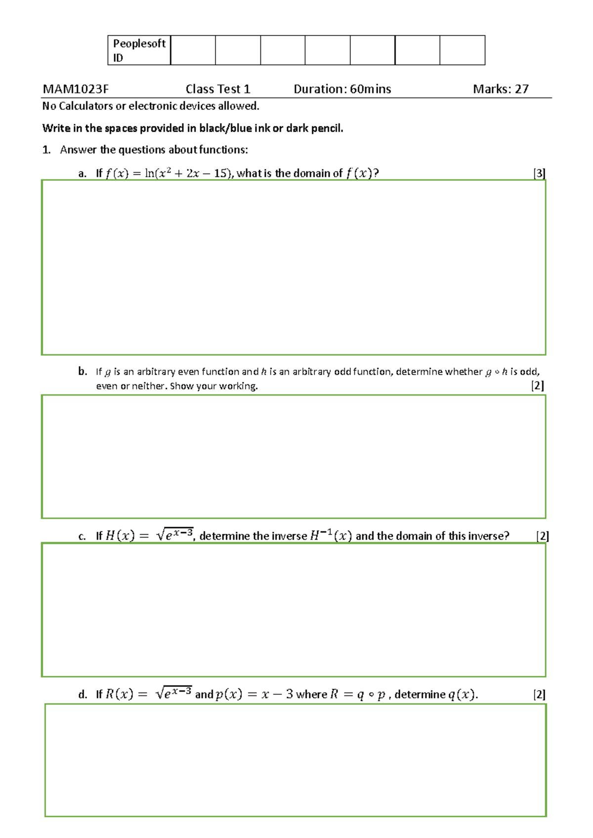 MAM1023F Class Test 1: Functions and Parametric Equations - Studocu