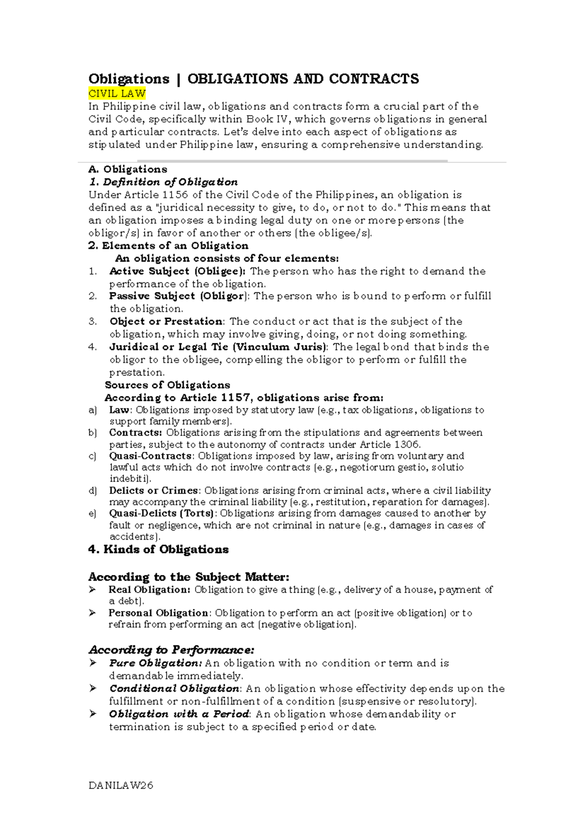 Obligations and Contracts Notes OBLIGATIONS OBLIGATIONS AND CONTRACTS ...