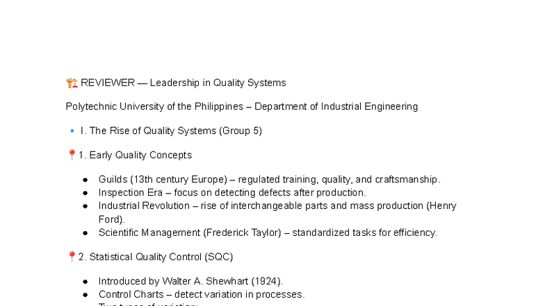 REVIEWER: Leadership in Quality Systems (IE 101) - Polytechnic University - Studocu