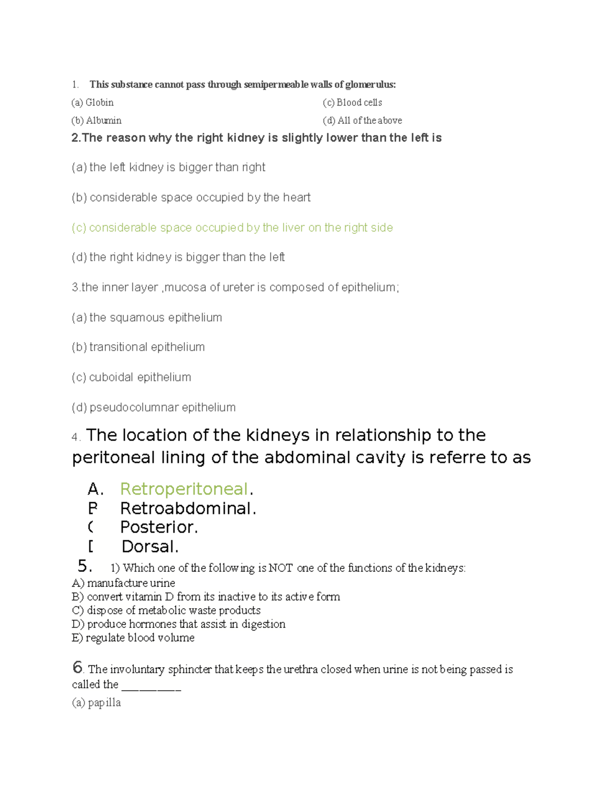 Urinary System Anatomy MCQs for Course Code: BIO101 - Studocu