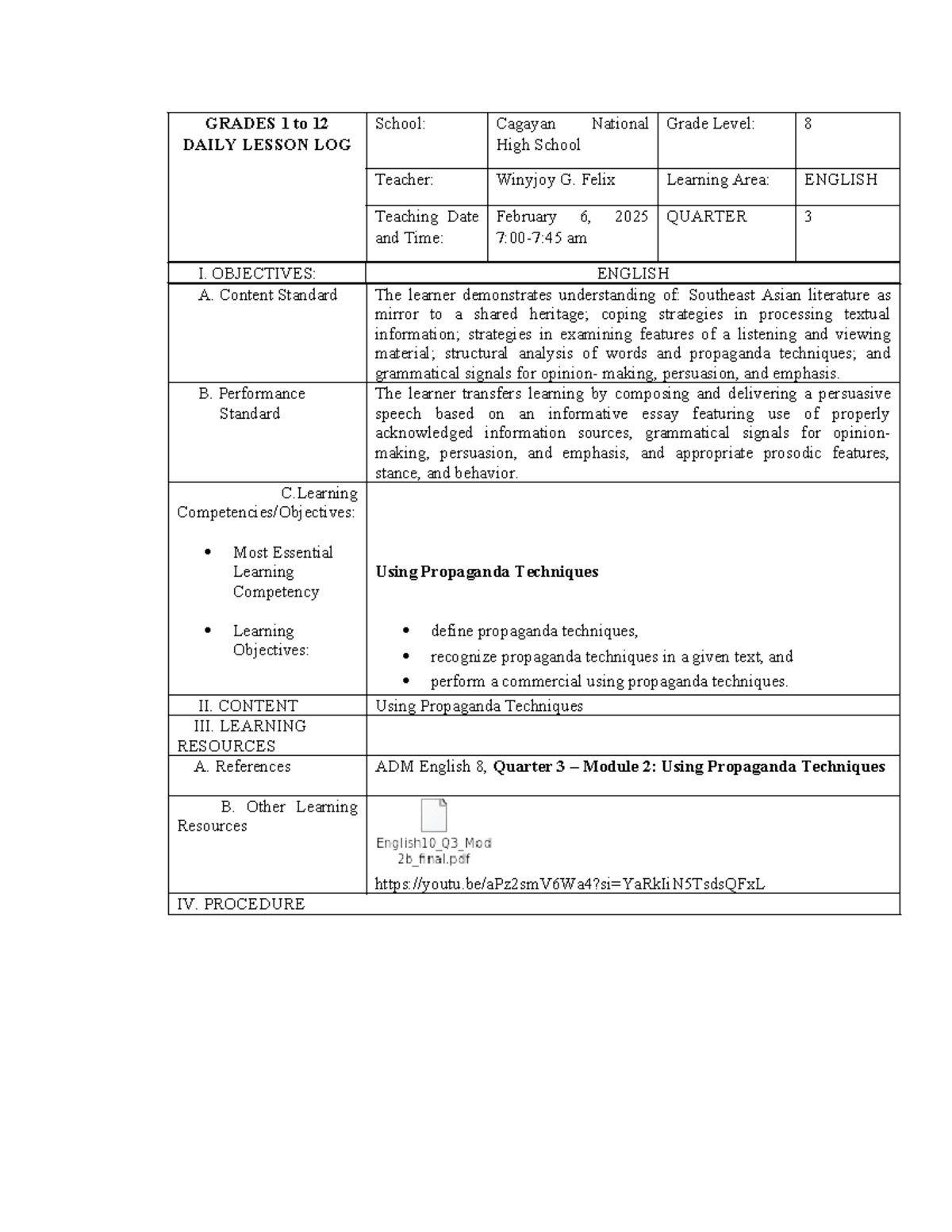 Lesson Plan: Utilizing Propaganda Techniques in Grade 8 English (ENG8) - Studocu